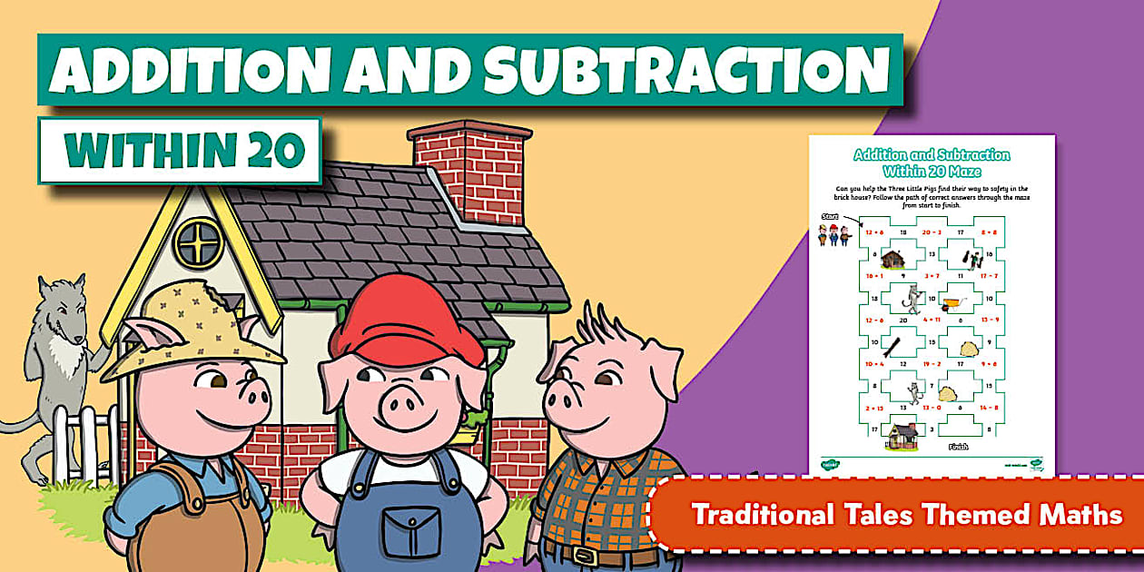 👉 The Three Little Pigs Addition and Subtraction Within 20 Maze