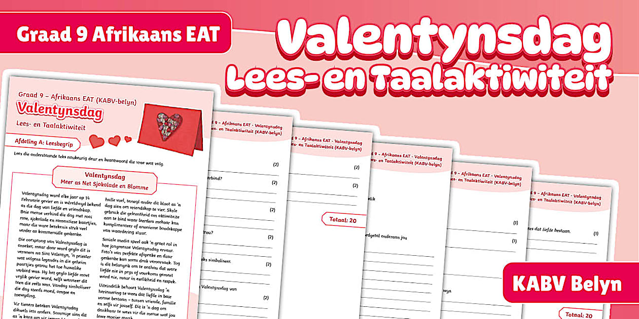 Graad 9 – Afrikaans EAT - Valentynsdag Lees- en Taalaktiwiteit (KABV Belyn)
