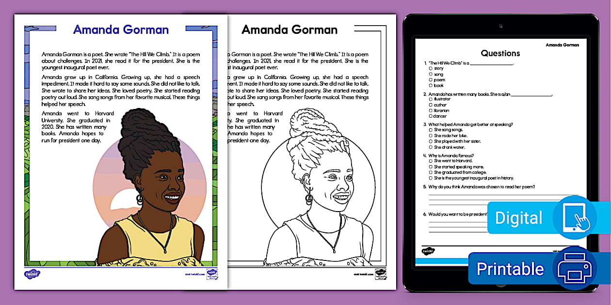 First Grade Amanda Gorman Reading Comprehension Worksheet