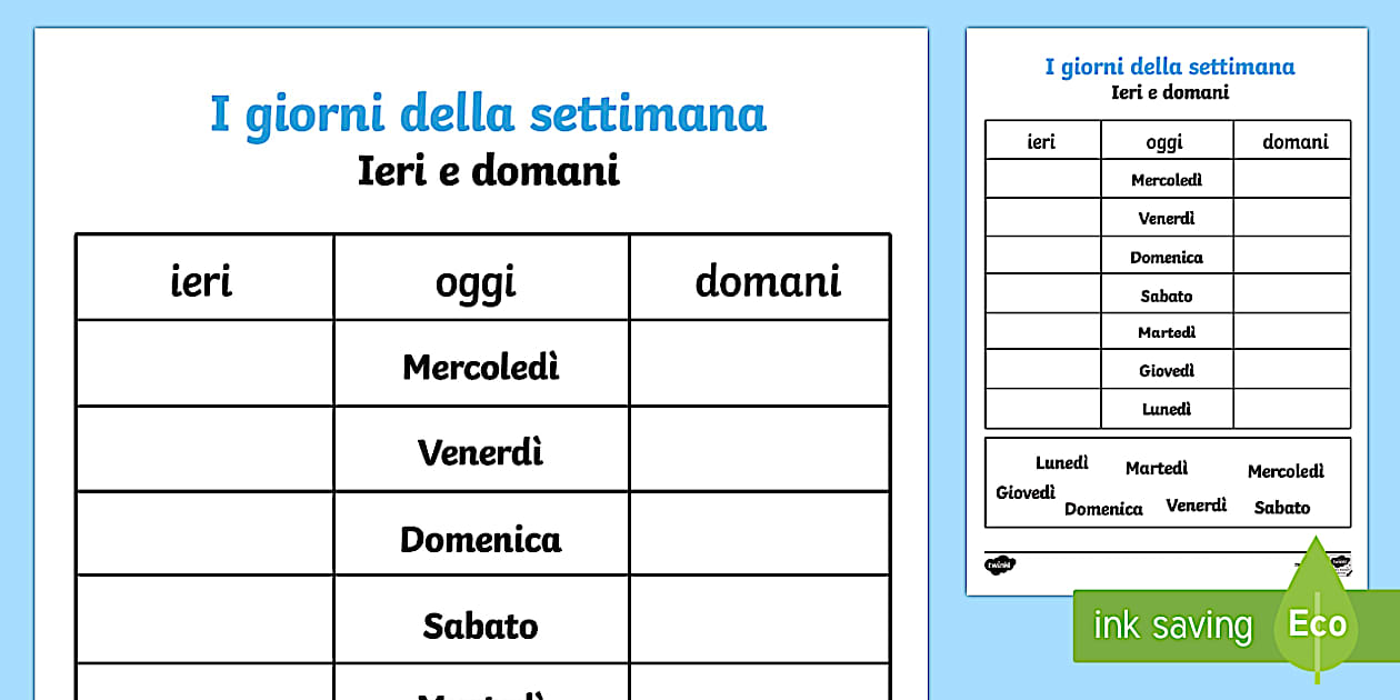 Giorni della Settimana Oggi e Domani Esercizio - Twinkl