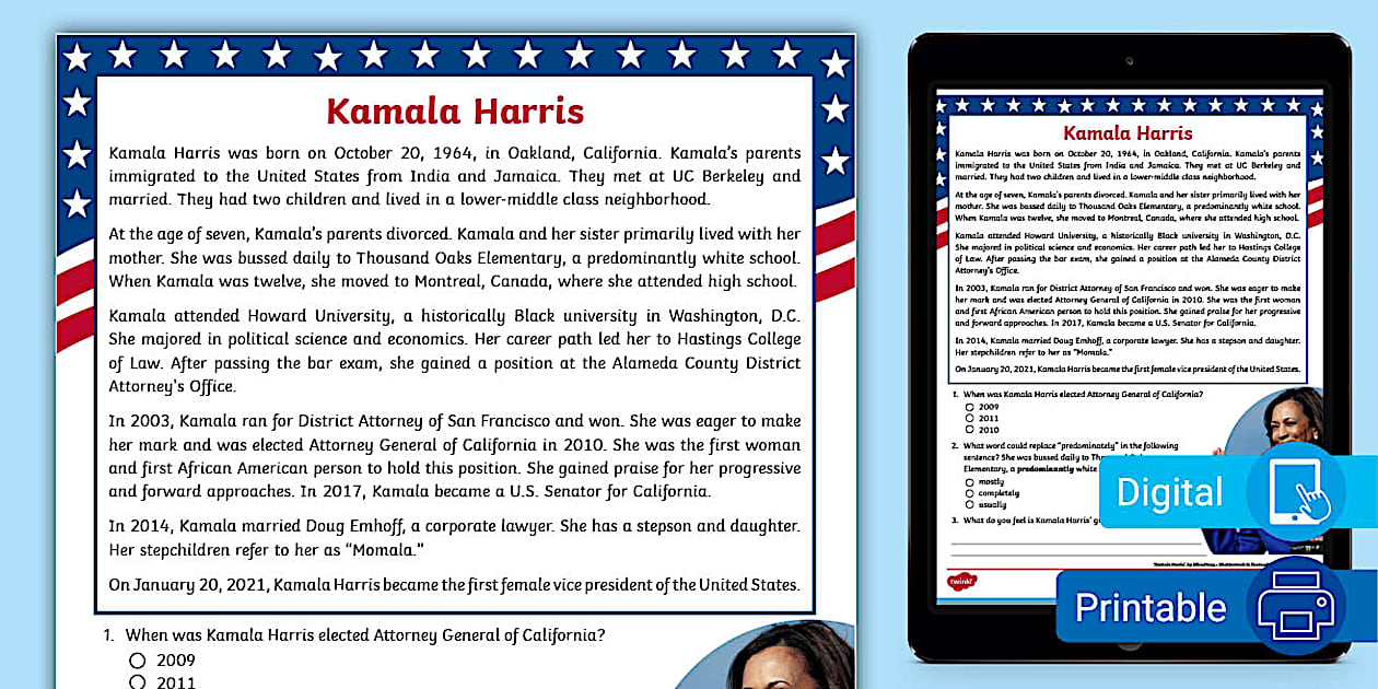Fifth Grade Kamala Harris Reading Comprehension Activity