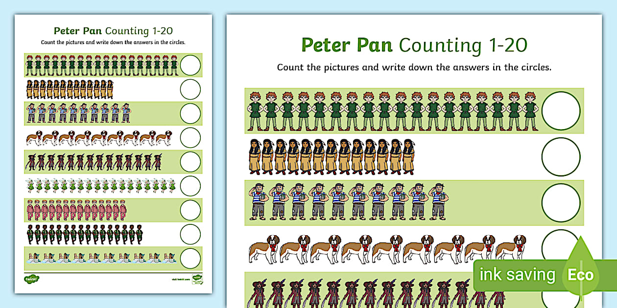Peter Pan Counting Worksheet 1-20 (teacher made) - Twinkl