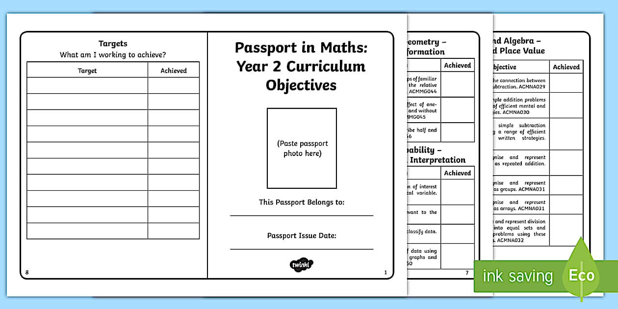 Editable Year 2 Passport in Maths: Australian Curriculum Checklist