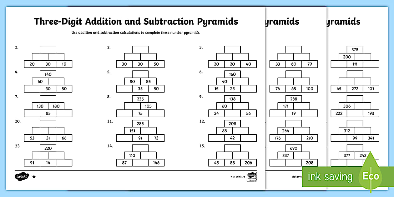 Lower Ability Three-Digit Addition Pyramids Differentiated Worksheets