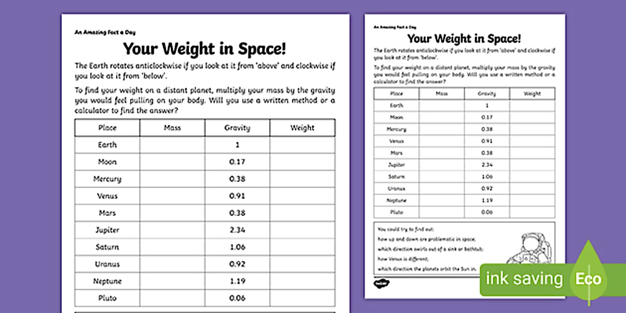 Your Weight in Space Worksheet / Worksheet (teacher made)