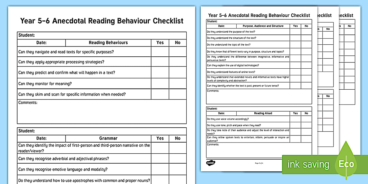 Editable Year 5-6 Anecdotal Reading Behaviour Checklist