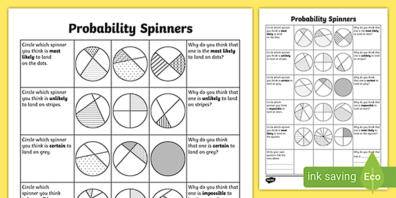 Probability Spinners Worksheet (teacher made) - Twinkl