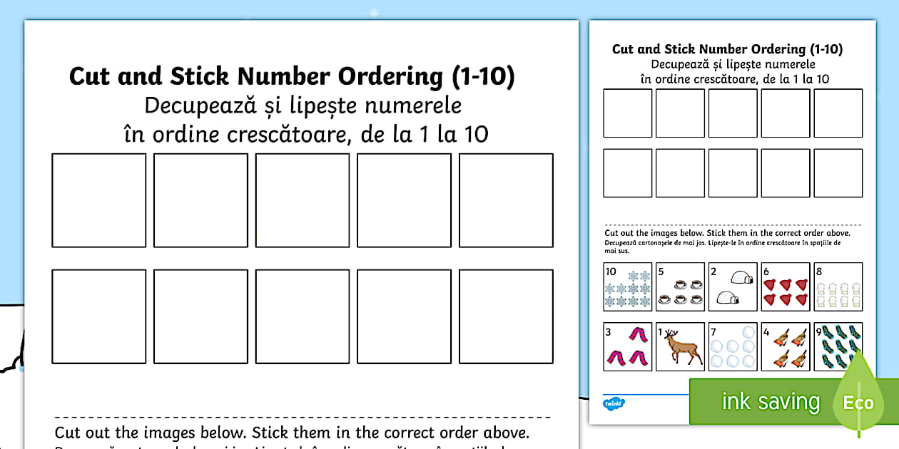 Winter Themed Cut and Stick Number Ordering Activity English/Romanian