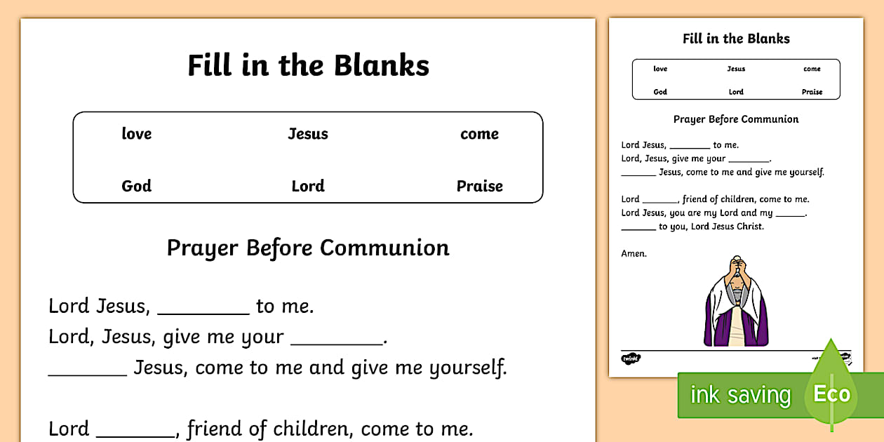 Black and White Prayer Before Communion Fill in the Blanks Worksheet