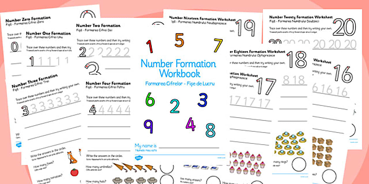 Number Formation Workbook 0-20 Romanian Translation - Twinkl