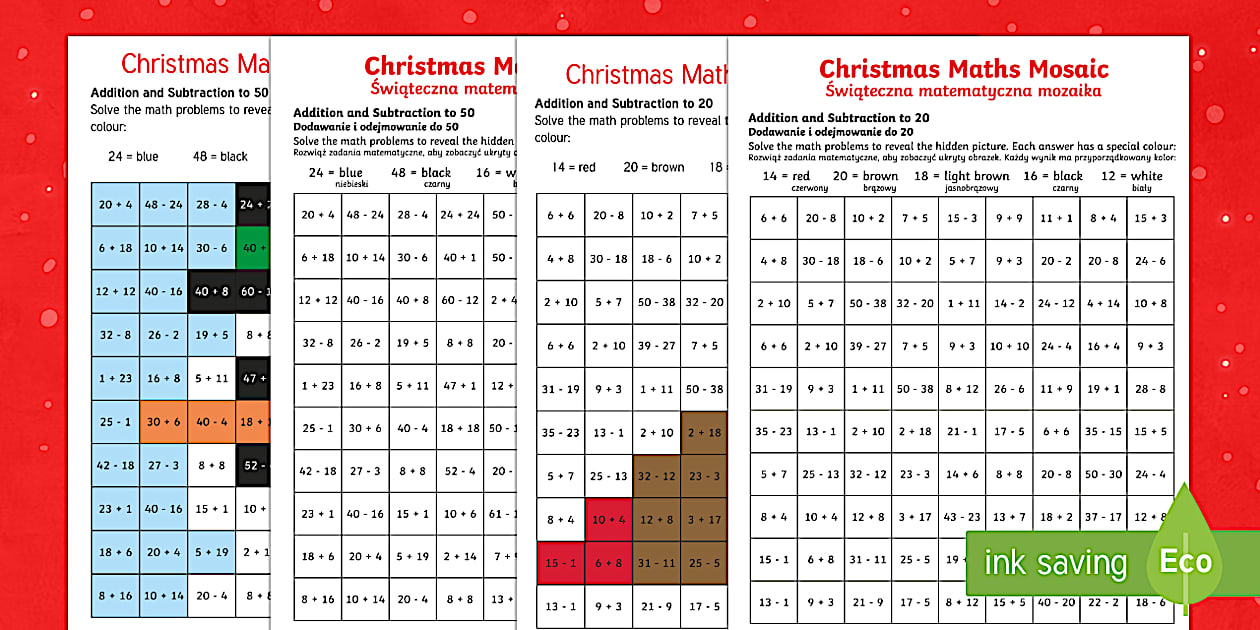 Christmas Maths Mosaic Worksheet / Worksheets English/Polish