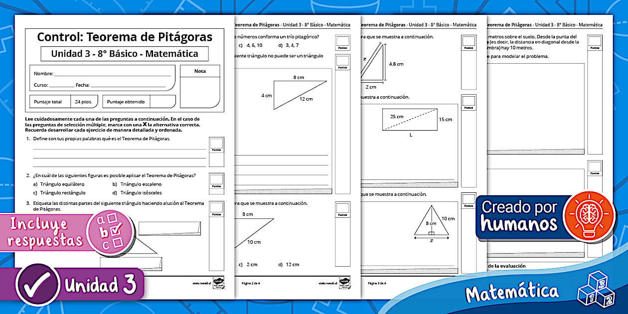 Control | 8° Básico | Teorema de Pitágoras | Hipotenusa