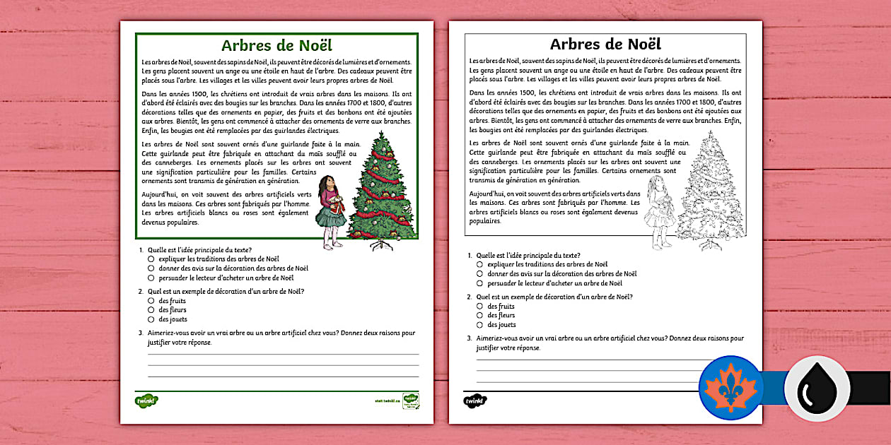 Christmas Trees Reading Passage Comprehension French