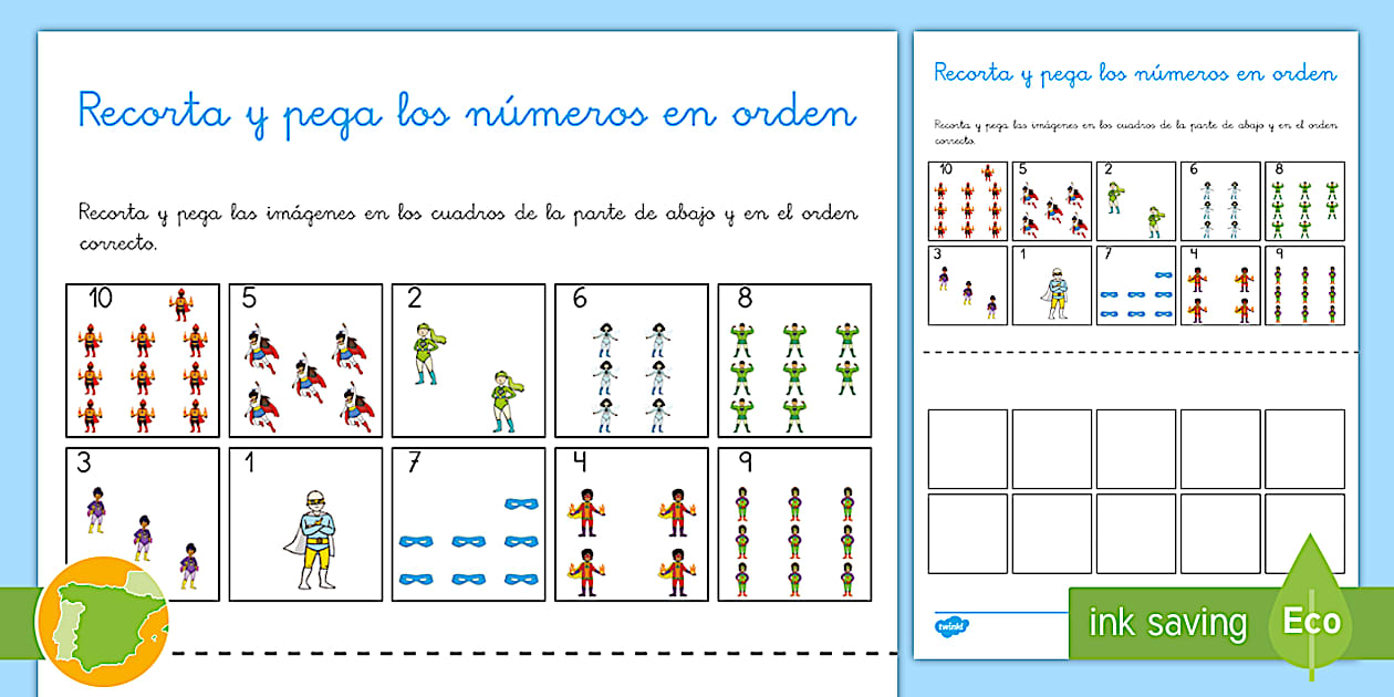 Ficha de números: Recorta y pega los números en orden