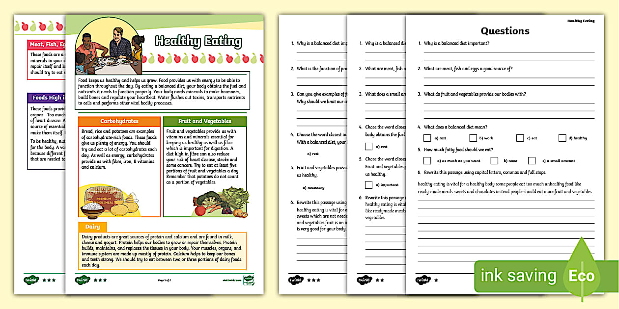 Healthy Eating Reading Comprehension | Assessment Activity