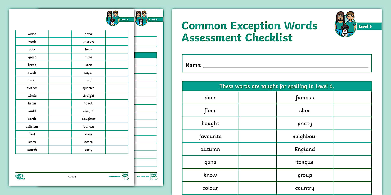 Level 6 Common Exception Words Assessment Checklist - Twinkl