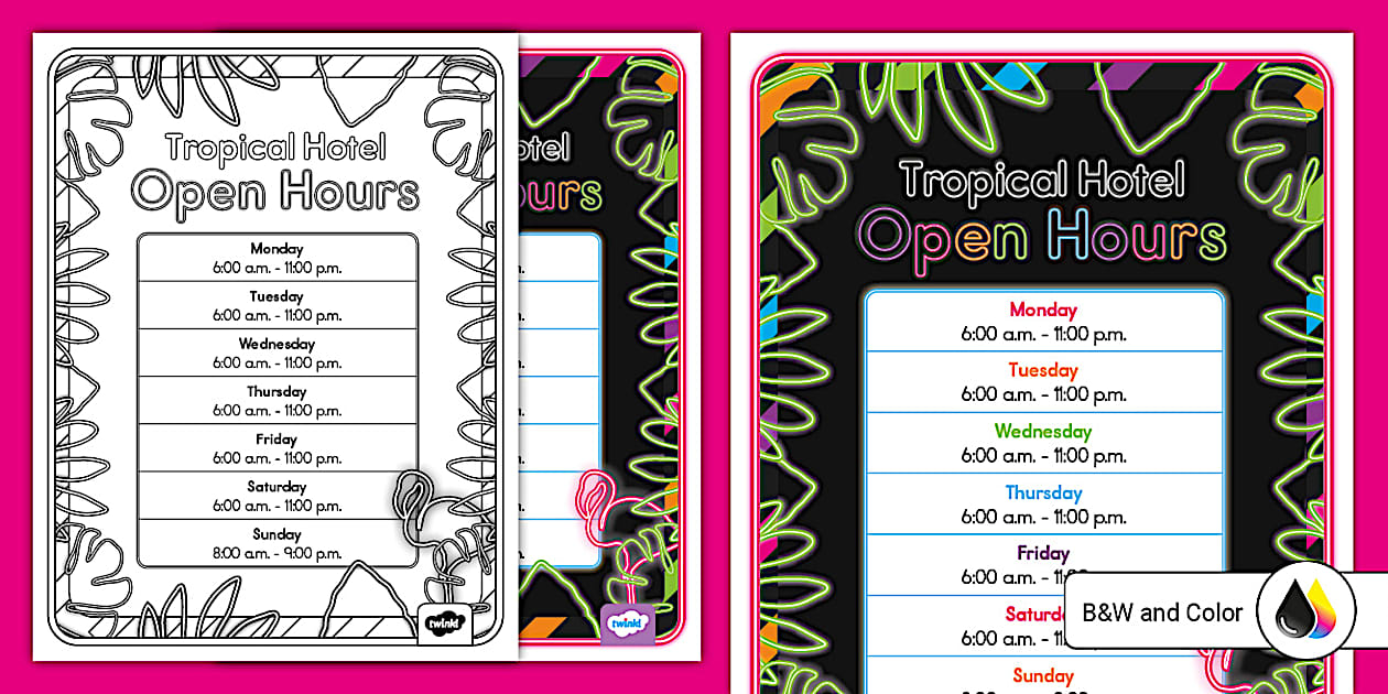 Tropical Hotel Dramatic Play Hours Sign (teacher made)