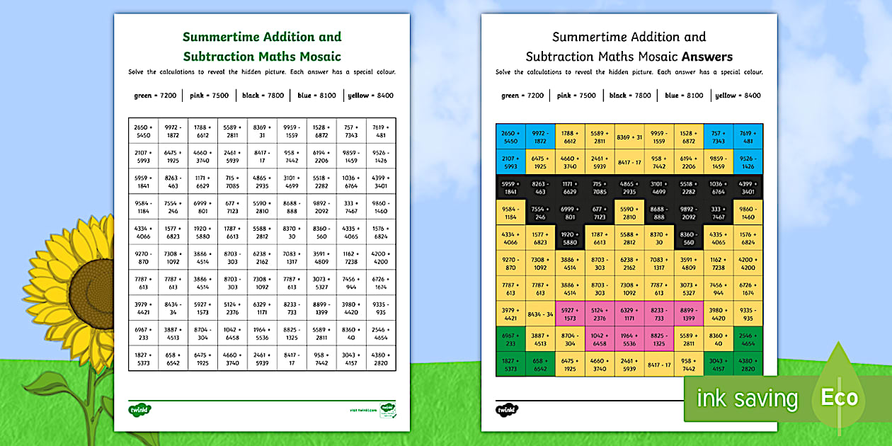 KS2 Summer Themed Addition and Subtraction Mosaic Worksheet
