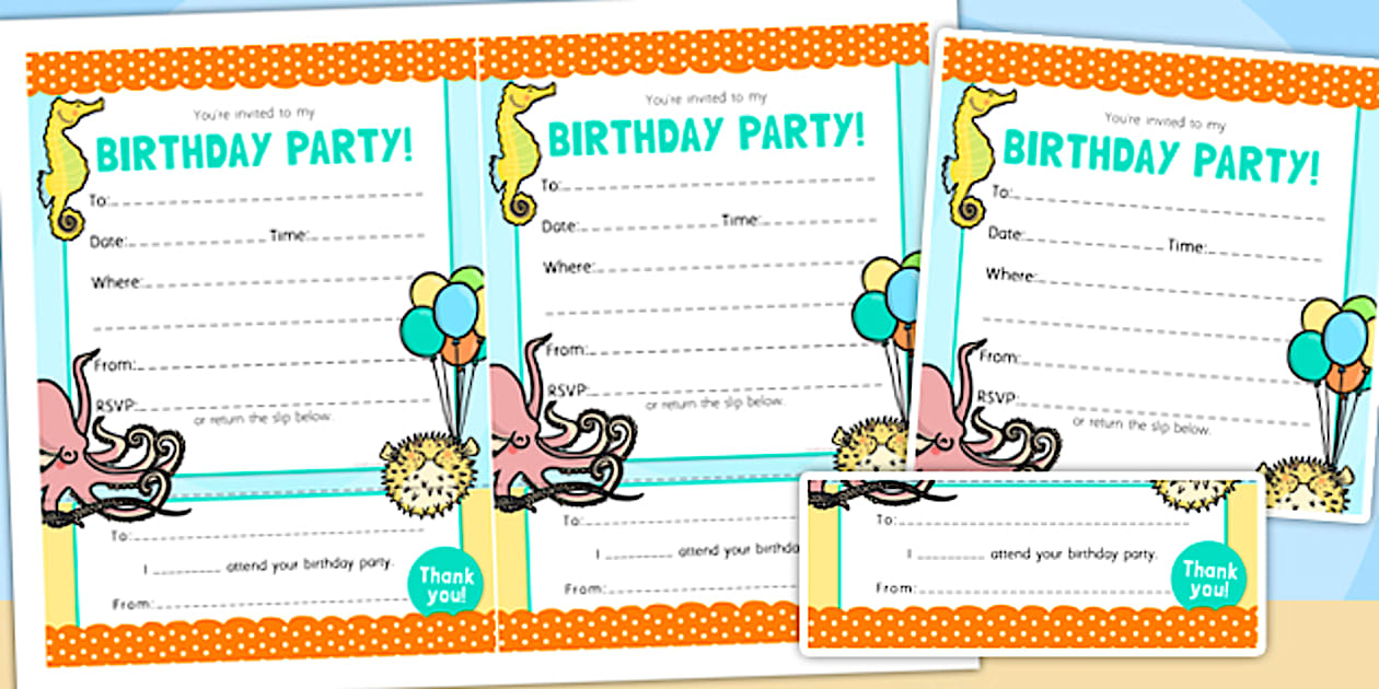 Editable Under the Sea Themed Birthday Party Invitations