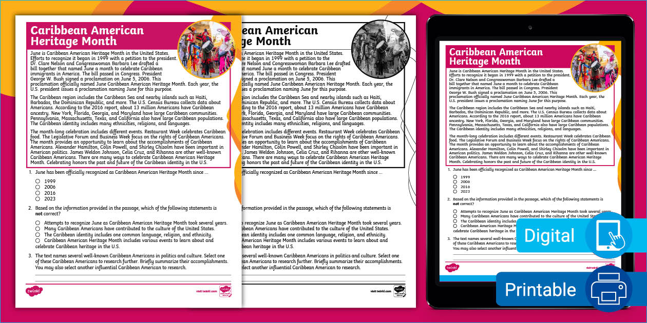 Sixth Grade Caribbean American Heritage Month Comprehension Worksheet.
