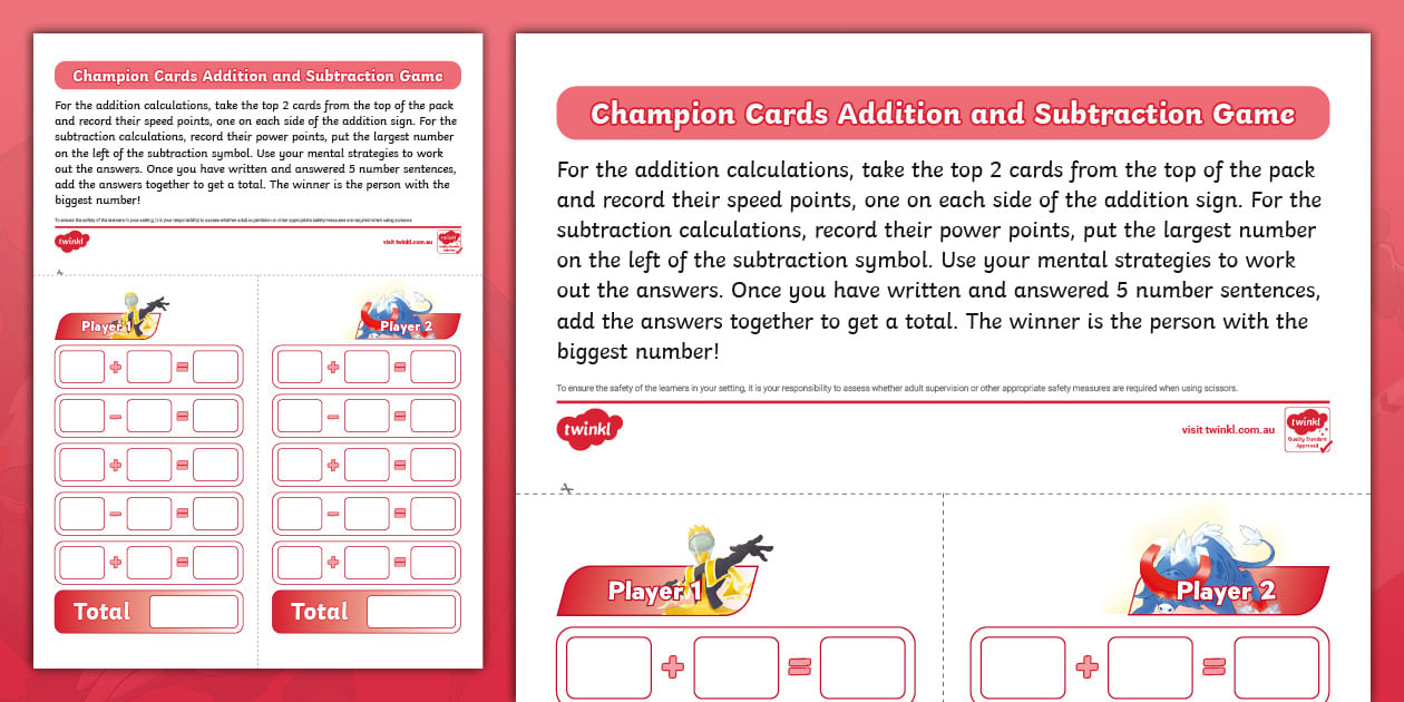 Champion Cards Addition and Subtraction Game F-2 - Twinkl