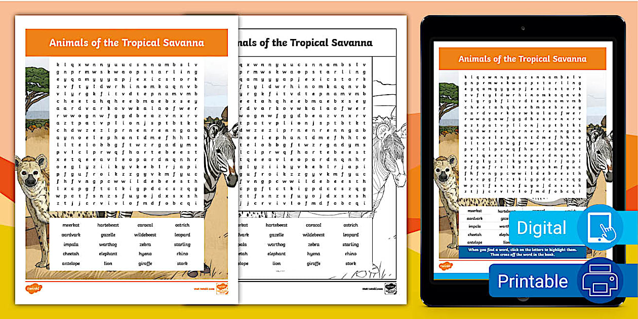 Animals of the Tropical Savanna Word Search for 6th-8th Grade