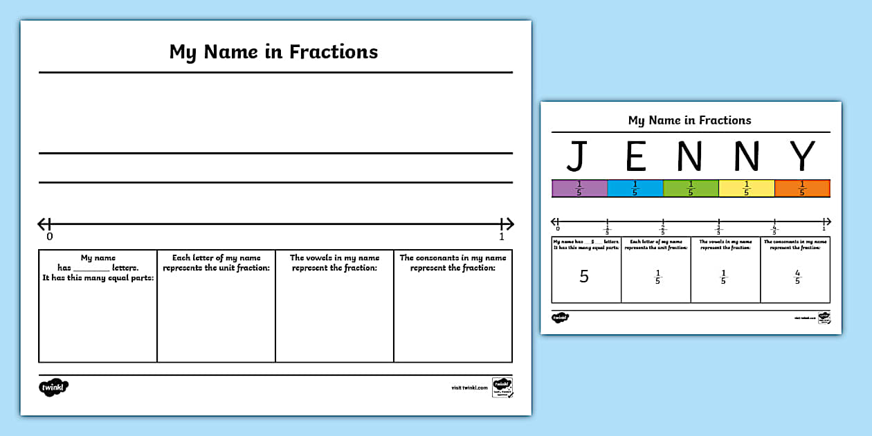 My Name in Fractions Worksheet for 3rd-5th Grade - Twinkl