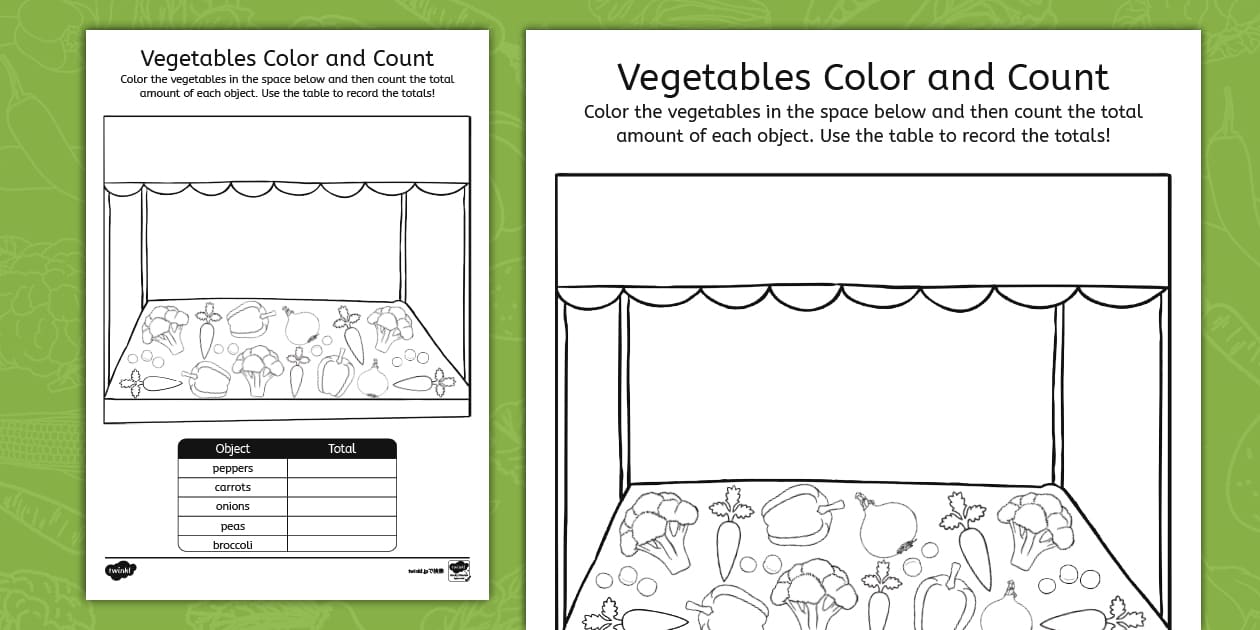 Vegetables Color and Count Worksheet - Twinkl