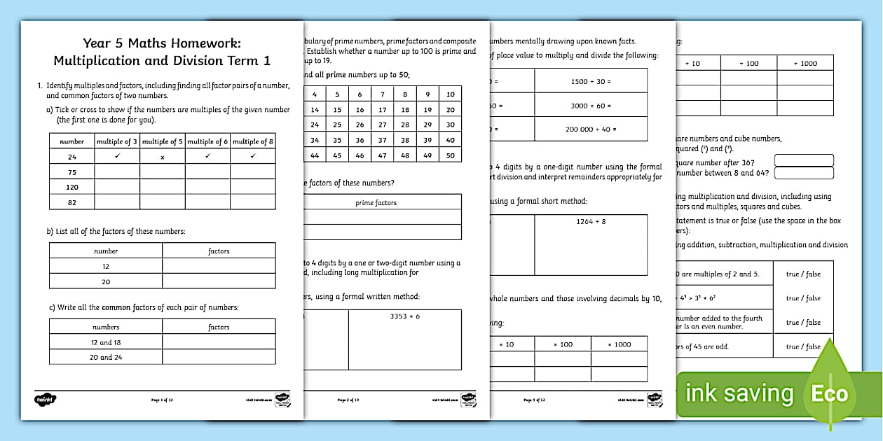 Editable Year 5 Maths Homework: Multiplication and Division Term 1