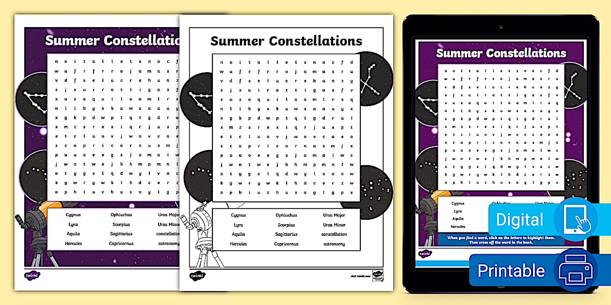 Summer Constellations Word Search for 6th-8th Grade - Twinkl