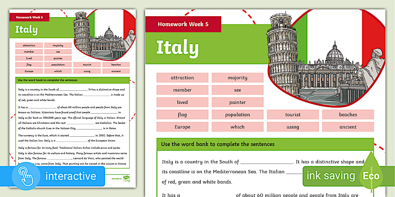 Cloze Procedure Homework Week 5 Italy 3rd/4th Class - Twinkl