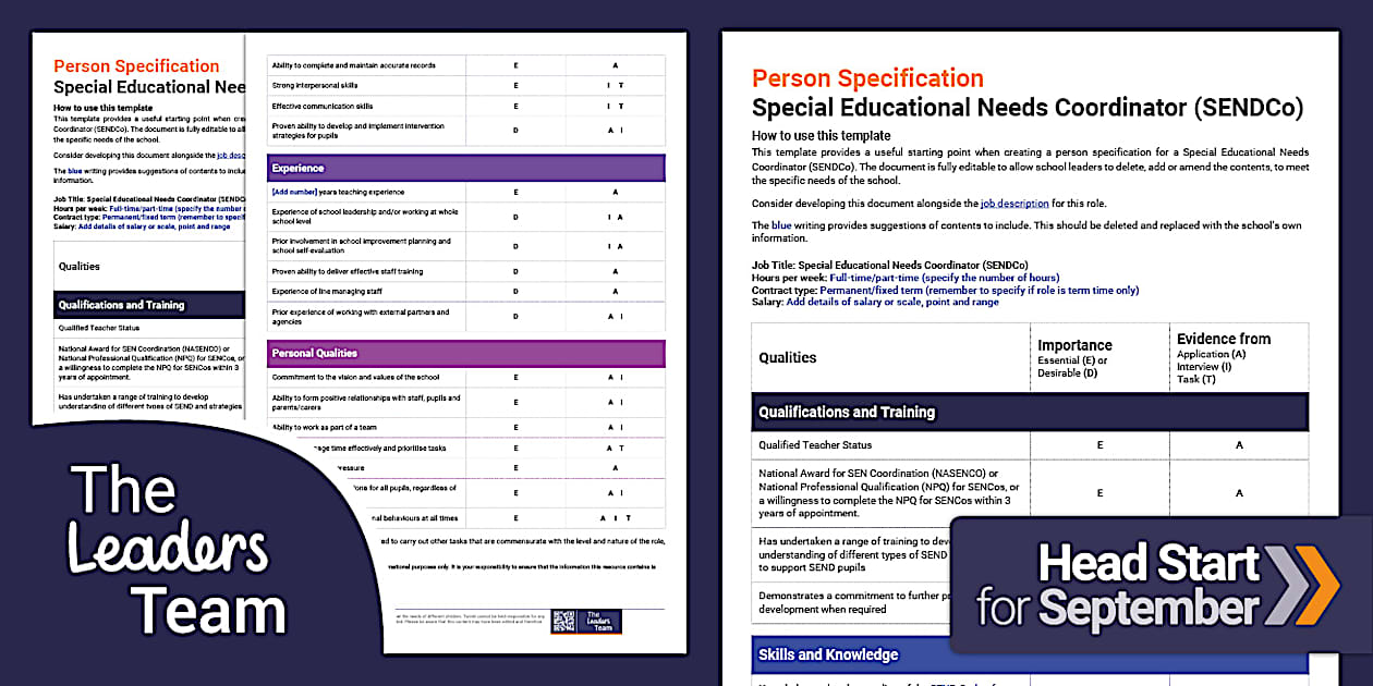 Leaders - SENDCo: Person Specification Template - Twinkl