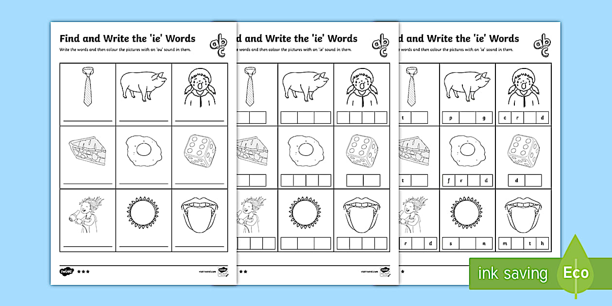Editable ie Words - Find and Write them: Differentiated Worksheet