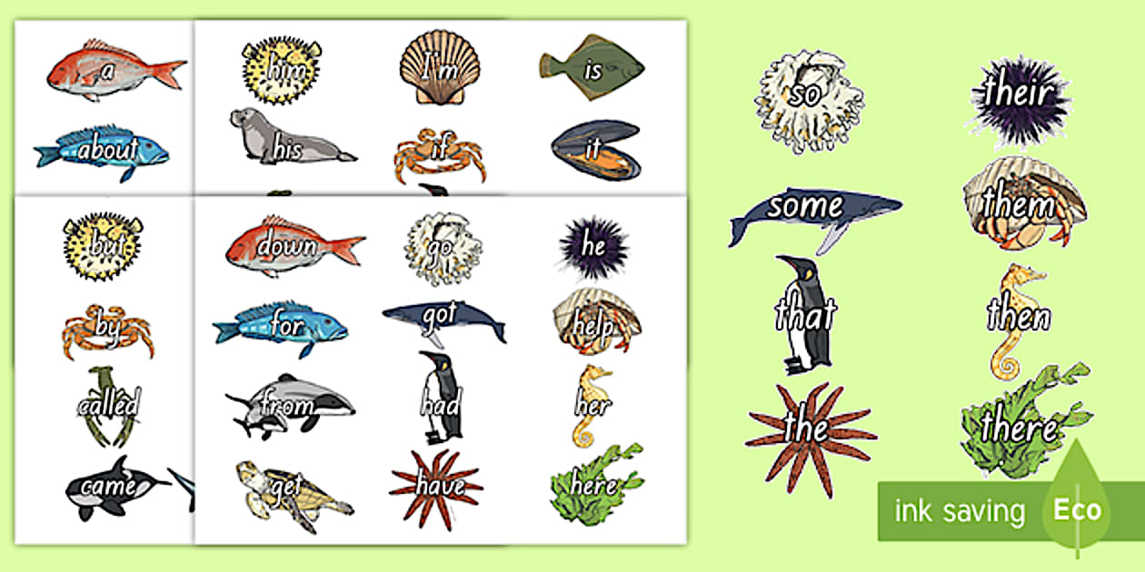 100 High Frequency Words on Sea Creature Cut-Outs - Twinkl