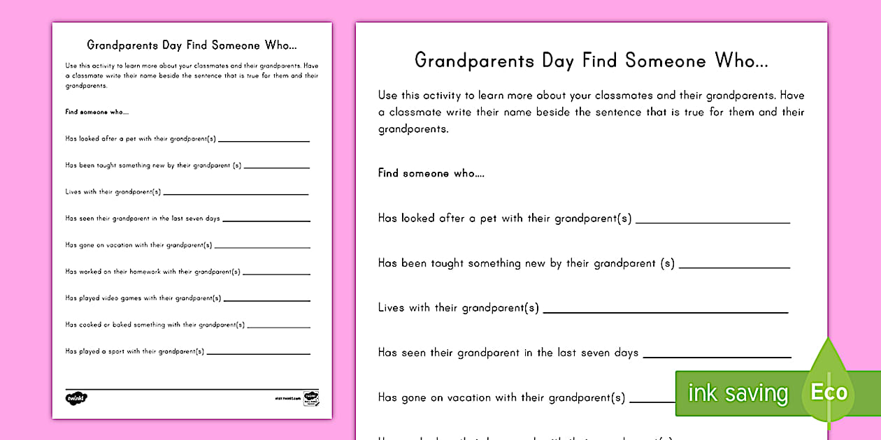 Grandparents Day Find Someone Who Worksheet for 3rd-5th Grade