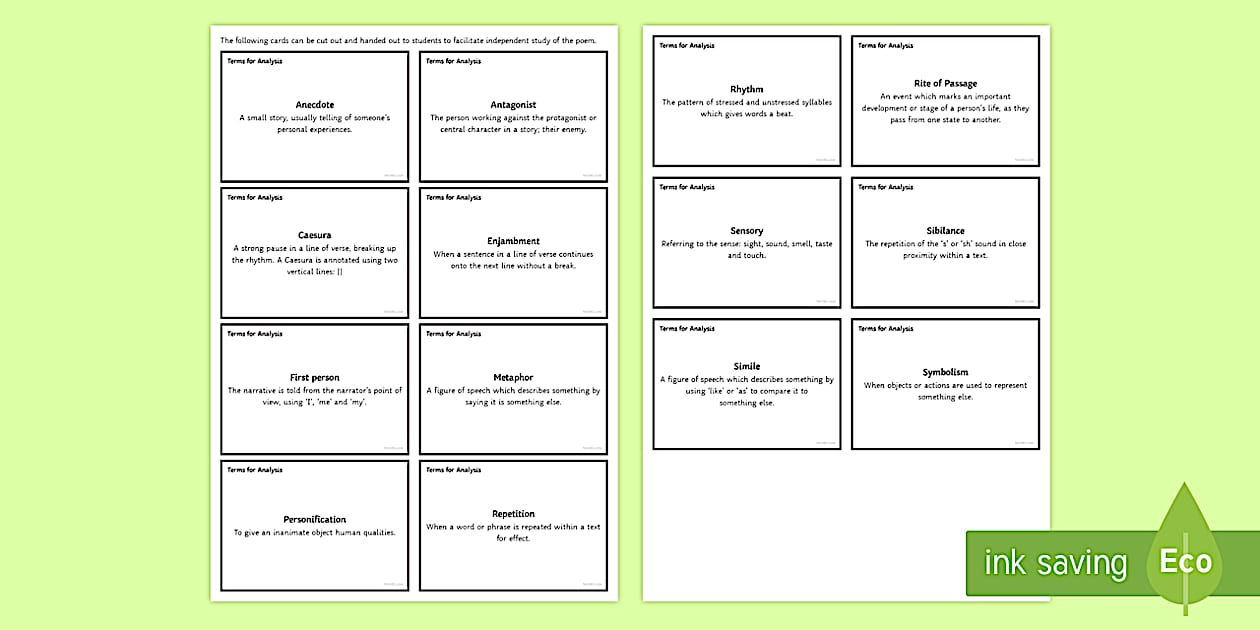 Editable Terms for Analysis Cards to Support Teaching on 'The Prelude' by