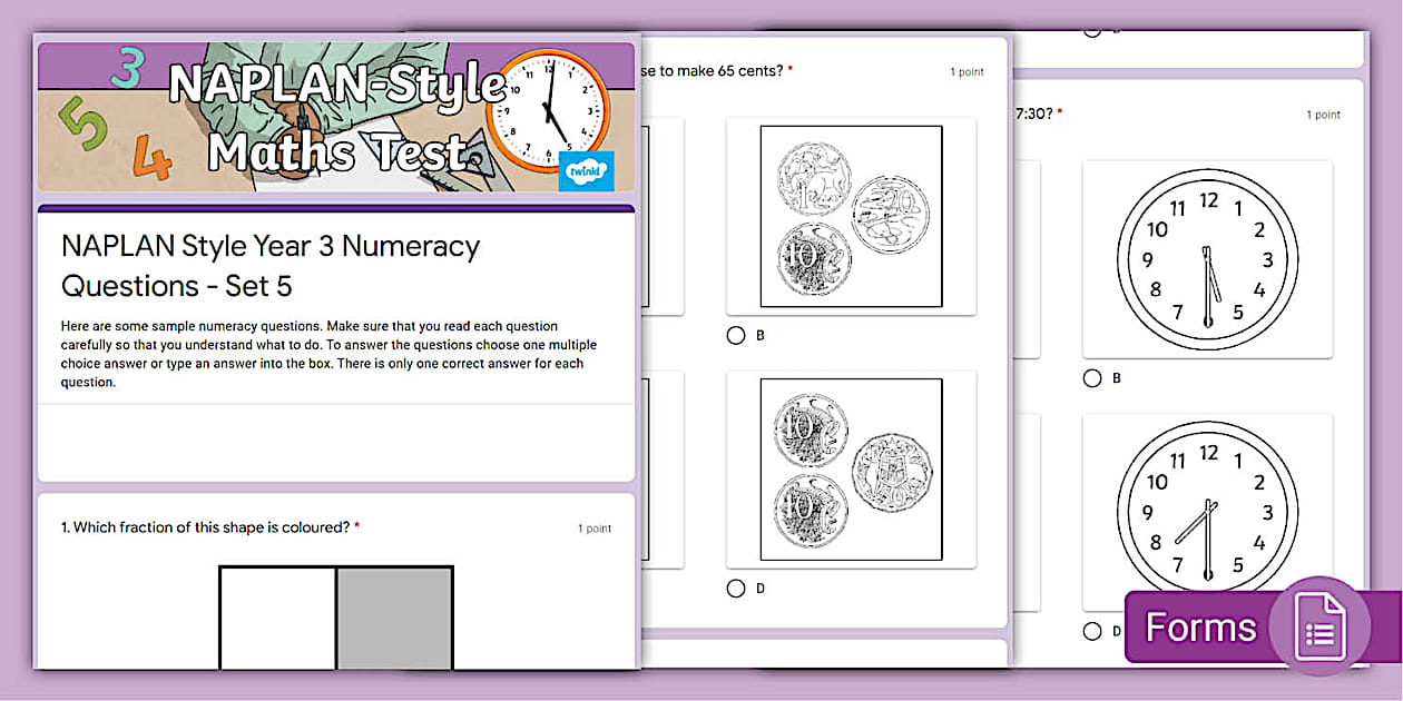 NAPLAN Style Year 3 Numeracy Questions Google Form - Set 5