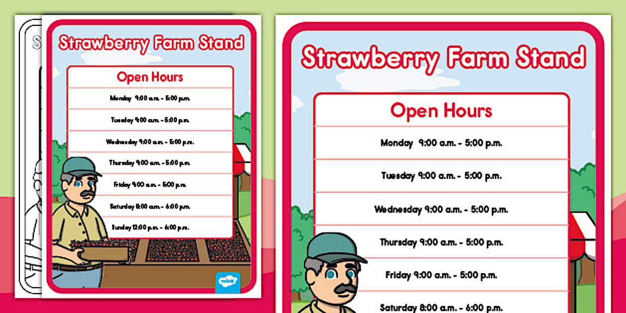 Strawberry Farm Stand Dramatic Play Hours Sign - Twinkl