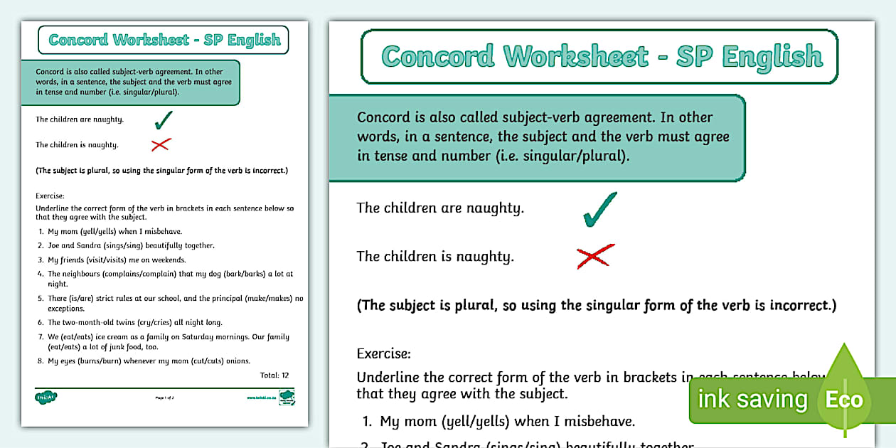 Concord Worksheet - SP English (teacher made) - Twinkl