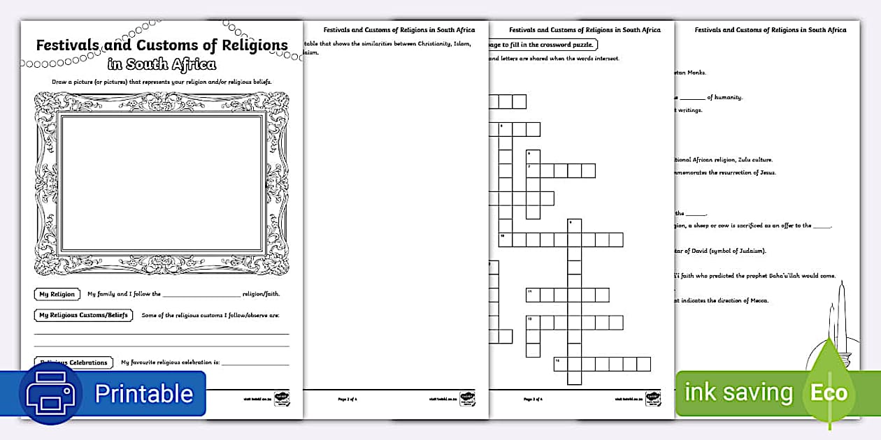 Festivals & Customs of Religions in South Africa Activity Sheet