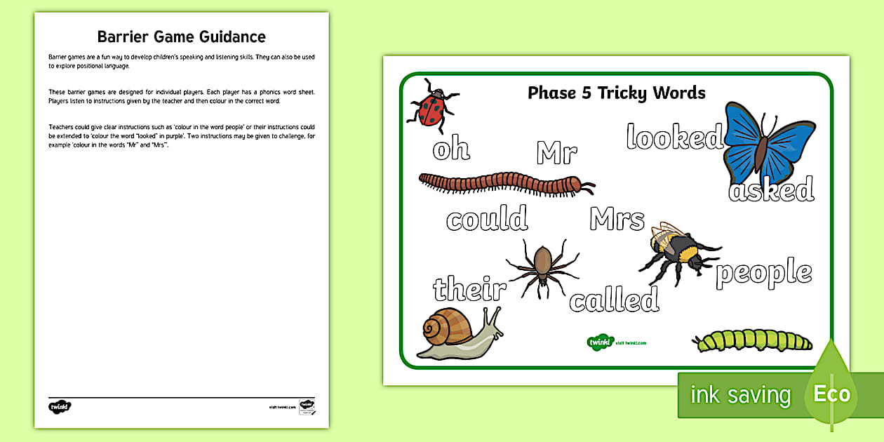 Black and White Phase 2 Tricky Words Barrier Game Worksheet