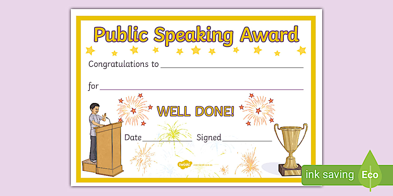 Public Speaking Certificate (teacher made) - Twinkl