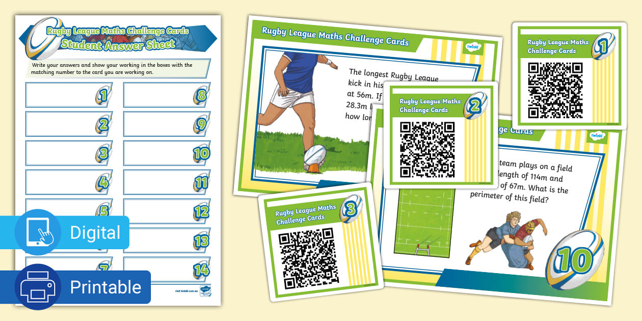 Rugby League Maths Challenge Cards with QR Codes - Twinkl