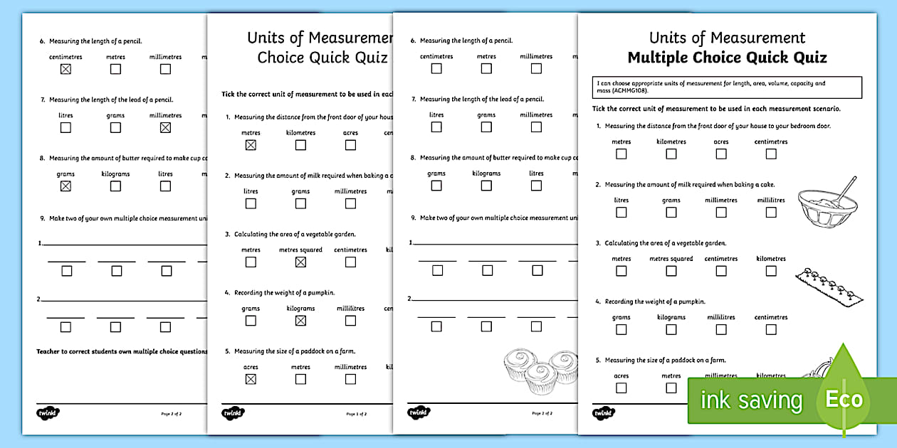 Editable Units of Measurement Multiple Choice Quick Quiz Worksheet