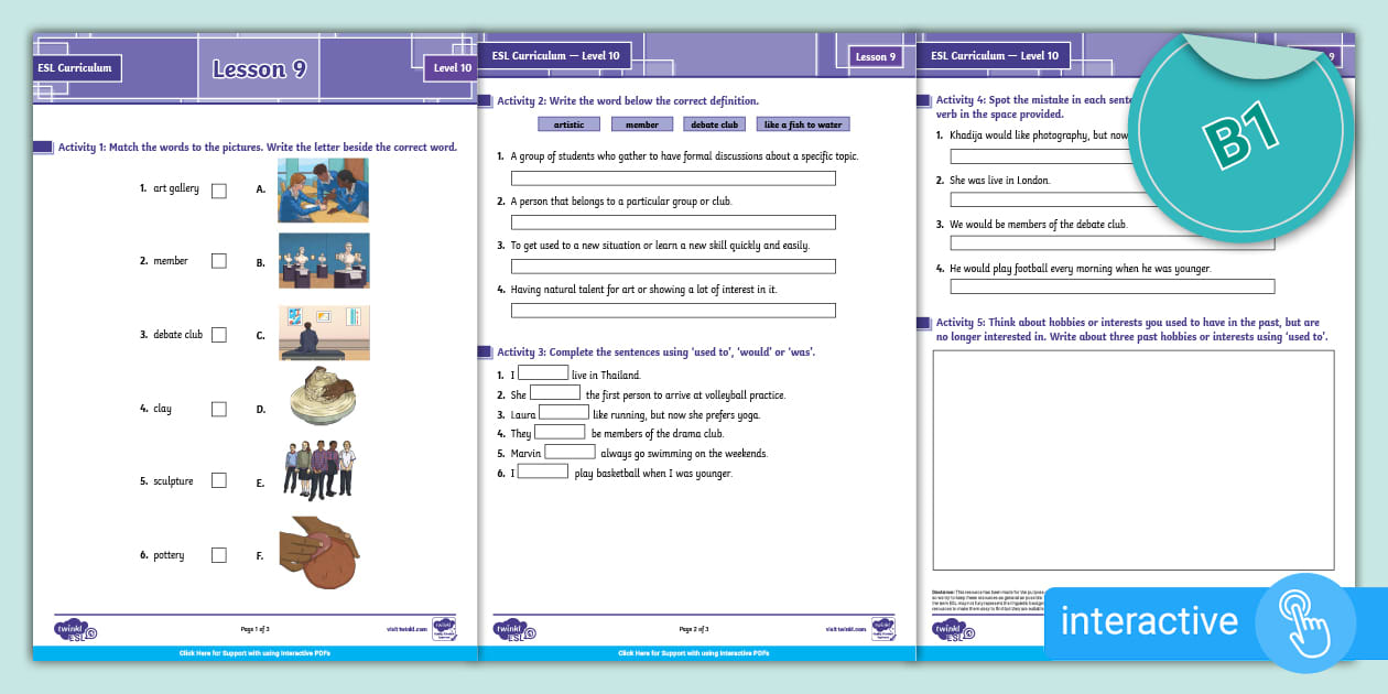 ESL Curriculum Level 10, Lesson 9 Interactive Activity Sheet