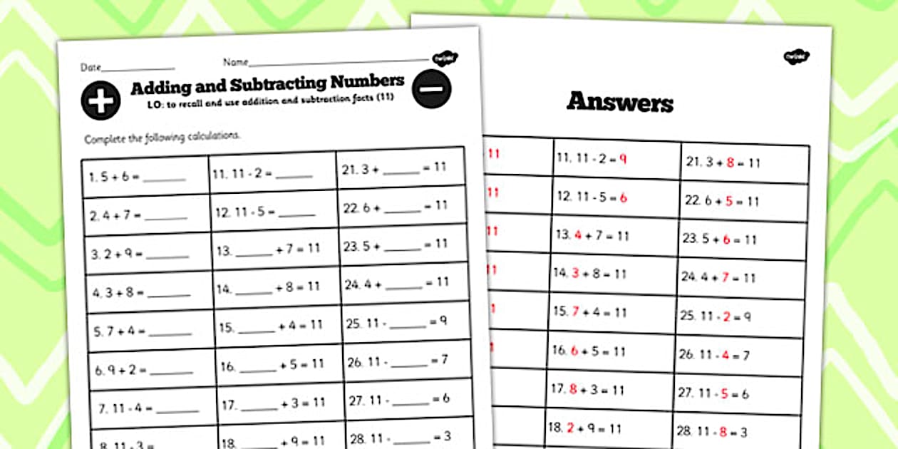 Number Facts to 11 Worksheet (teacher made) - Twinkl