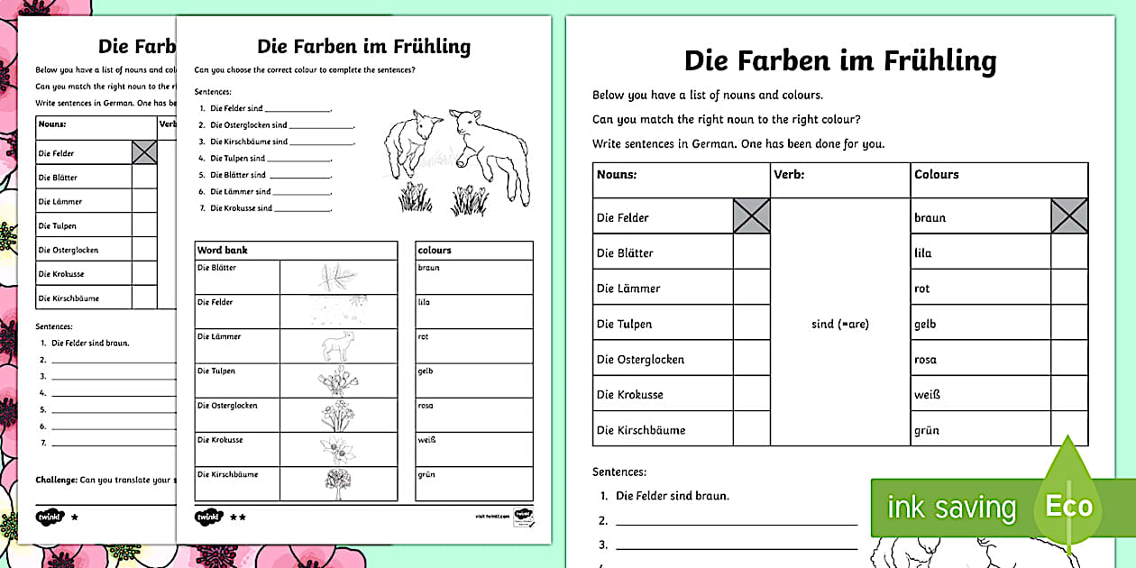 Spring Sentences Word Fill: Differentiated Worksheet / Worksheets German