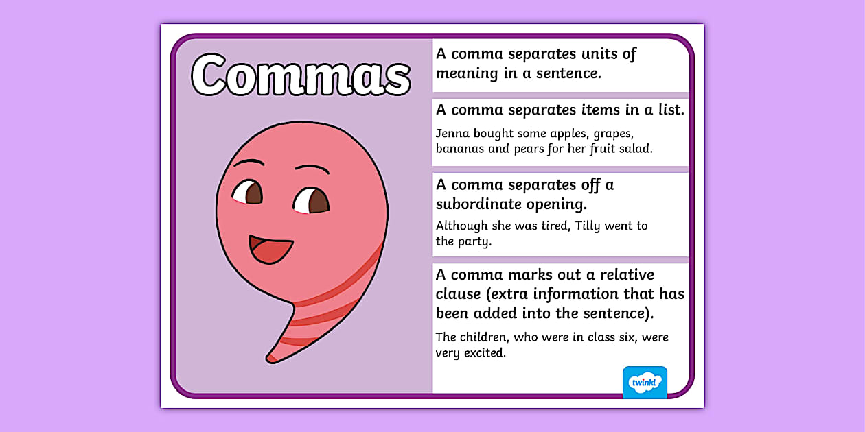 When To Use A Comma Poster | Punctuation | Display Resource
