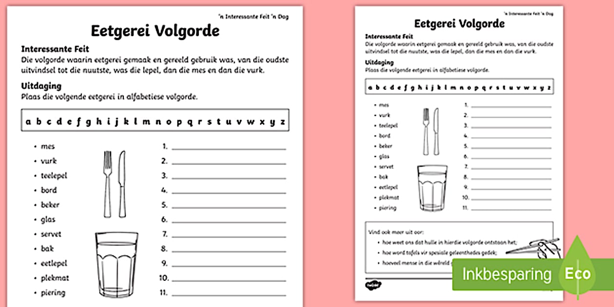 Eetgerei Alfabetiese Volgorde Aktiwiteit - Twinkl