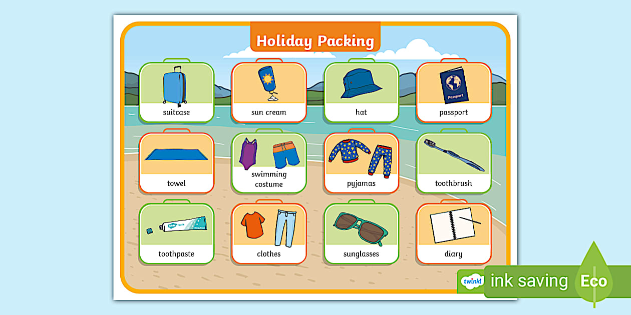 Holiday Packing Word Mat (teacher made) - Twinkl